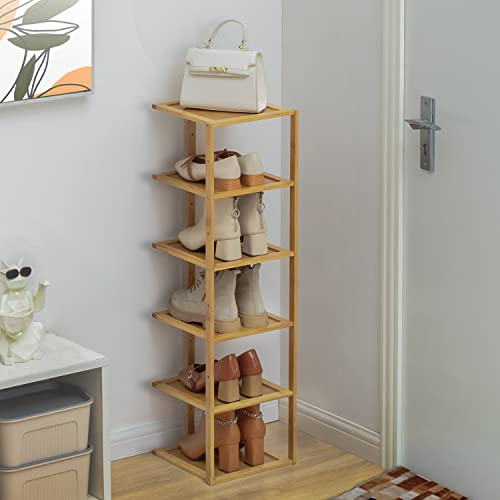 MoNiBloom Bamboo Narrow Shoe Rack Storage Space Saving Single Pairs Shoe Organizer for Small Spaces Corner Bedroom Hallway Entryway Balcony Patio (6 Shelves, Natural)