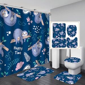 CERYUEE Blue Shower Curtain Set Sloth Bathroom Decor with Non-Slip Rugs Animal Sloth on The Tree Bathroom Set 4 Piece,72x72 inch