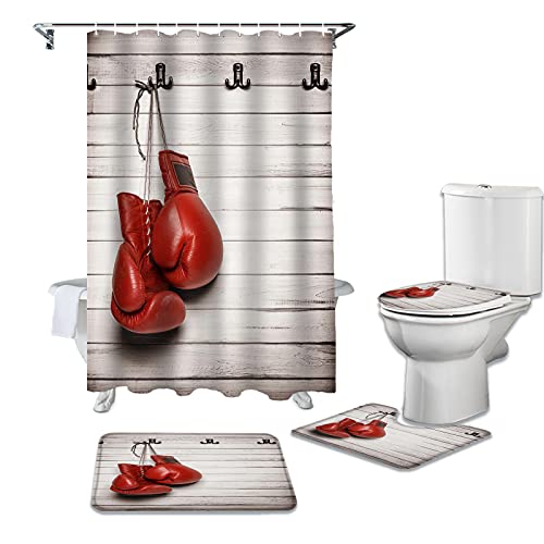 BestLives 4 Pcs Shower Curtain Sets with Rugs Red Boxing Glove Non-Slip Soft Toilet Lid Cover for Bathroom Wood Grain Barn Door Bathroom Sets with Bath Mat and 12 Hooks