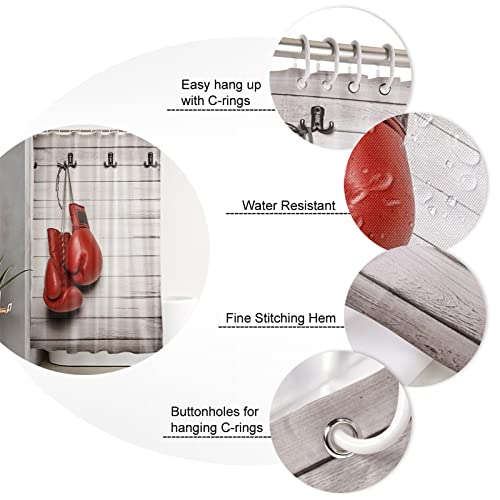 BestLives 4 Pcs Shower Curtain Sets with Rugs Red Boxing Glove Non-Slip Soft Toilet Lid Cover for Bathroom Wood Grain Barn Door Bathroom Sets with Bath Mat and 12 Hooks