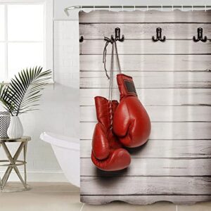 BestLives 4 Pcs Shower Curtain Sets with Rugs Red Boxing Glove Non-Slip Soft Toilet Lid Cover for Bathroom Wood Grain Barn Door Bathroom Sets with Bath Mat and 12 Hooks