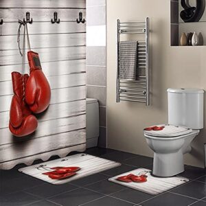 BestLives 4 Pcs Shower Curtain Sets with Rugs Red Boxing Glove Non-Slip Soft Toilet Lid Cover for Bathroom Wood Grain Barn Door Bathroom Sets with Bath Mat and 12 Hooks