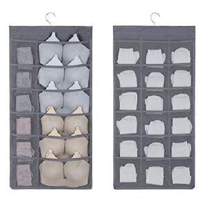 hanging closet organizer for underwear, space saving storage pocket bag dual-sided for bra,jewelry,stockings,panties, socks, 30 pockets (gray)