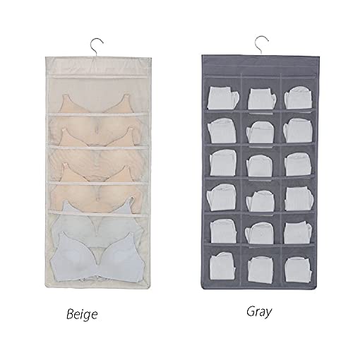 Hanging Closet Organizer for Underwear, Space Saving Storage Pocket Bag Dual-Sided for Bra,Jewelry,Stockings,Panties, Socks, 30 Pockets (Gray)