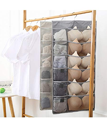 Hanging Closet Organizer for Underwear, Space Saving Storage Pocket Bag Dual-Sided for Bra,Jewelry,Stockings,Panties, Socks, 30 Pockets (Gray)