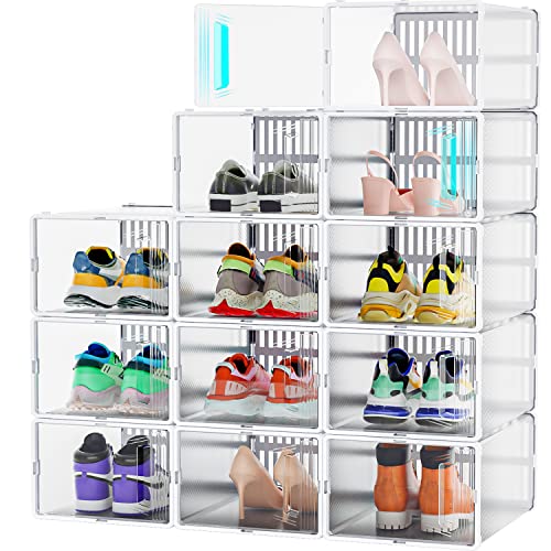 JONYJ 12 Pack Shoe Organizer, Clear Plastic Stackable Shoe Storage, Multifunctional Shoe Box, Universal Shoe Storage Boxes For Men and Women (Large)