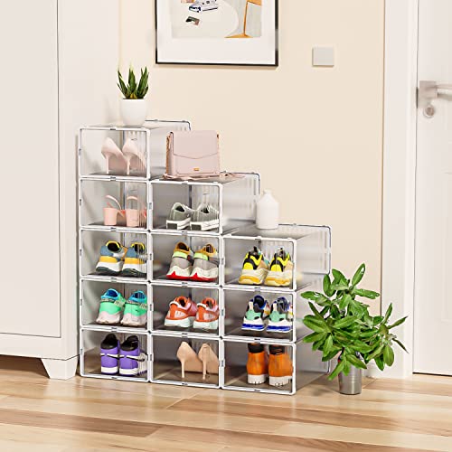 JONYJ 12 Pack Shoe Organizer, Clear Plastic Stackable Shoe Storage, Multifunctional Shoe Box, Universal Shoe Storage Boxes For Men and Women (Large)