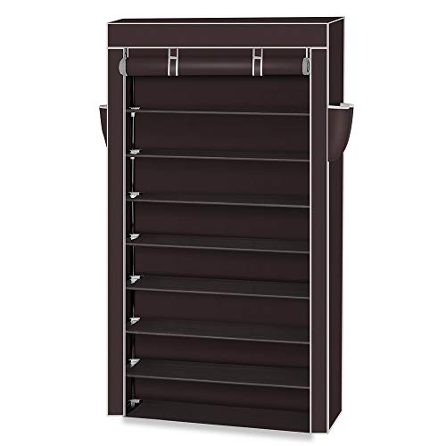 WEI WEI GLOBAL 10-Tier Shoe Rack, 36-45 Paris Shoe Storage Organizer with Dustproof Cover, Shoe Cabinet Tower Shelf Closet, Dark Brown