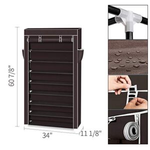 WEI WEI GLOBAL 10-Tier Shoe Rack, 36-45 Paris Shoe Storage Organizer with Dustproof Cover, Shoe Cabinet Tower Shelf Closet, Dark Brown