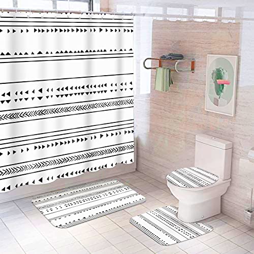 Rtteri 4 Pcs Boho Shower Curtain Sets with Rugs, 72 x 72 Inch Fabric Bathroom Curtains Set with Hooks Water Absorbent Bath Rugs Toilet Lid Cover Black White Chic Triangle and Geometric Bathroom Decor