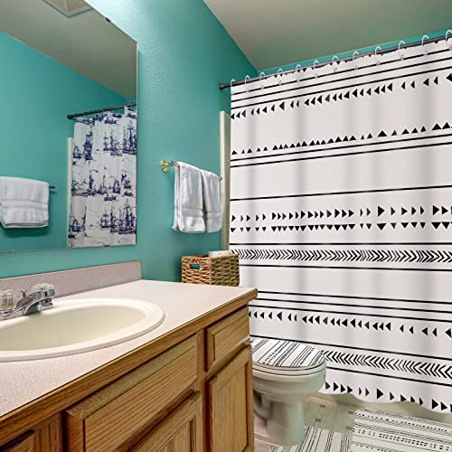 Rtteri 4 Pcs Boho Shower Curtain Sets with Rugs, 72 x 72 Inch Fabric Bathroom Curtains Set with Hooks Water Absorbent Bath Rugs Toilet Lid Cover Black White Chic Triangle and Geometric Bathroom Decor