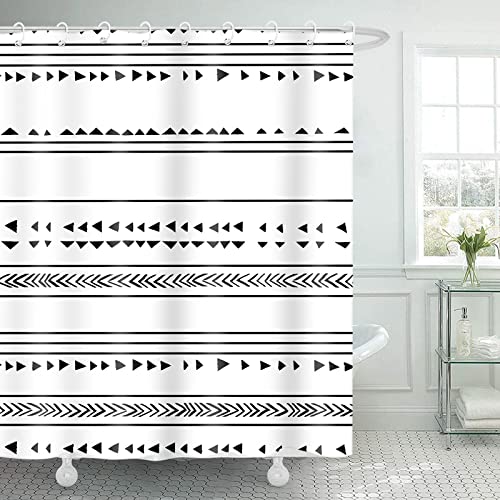 Rtteri 4 Pcs Boho Shower Curtain Sets with Rugs, 72 x 72 Inch Fabric Bathroom Curtains Set with Hooks Water Absorbent Bath Rugs Toilet Lid Cover Black White Chic Triangle and Geometric Bathroom Decor