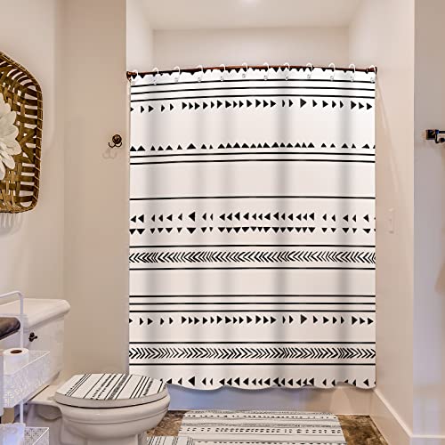 Rtteri 4 Pcs Boho Shower Curtain Sets with Rugs, 72 x 72 Inch Fabric Bathroom Curtains Set with Hooks Water Absorbent Bath Rugs Toilet Lid Cover Black White Chic Triangle and Geometric Bathroom Decor