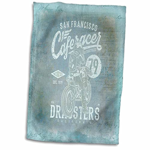 3dRose Vintage Motorcycle Caferacer Poster Art In Blue - Towels (twl-268350-1)