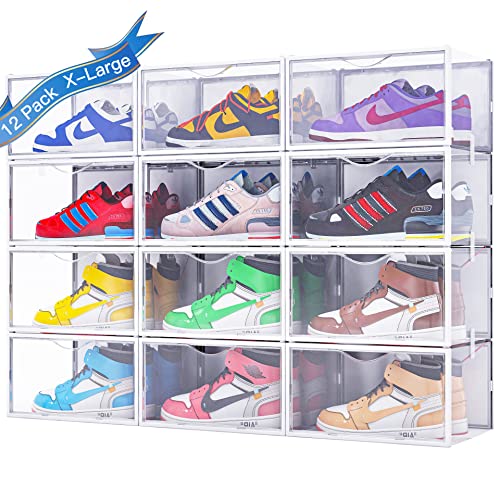 Shoe Box, 12 Pack X-Large Shoe Storage Boxes Clear Plastic Stackable, Transparent Shoe Organizer, Side Profile Shoe Containers for Sneaker Display, Easy Assembly, Shoe Holder Fit for US Size 12