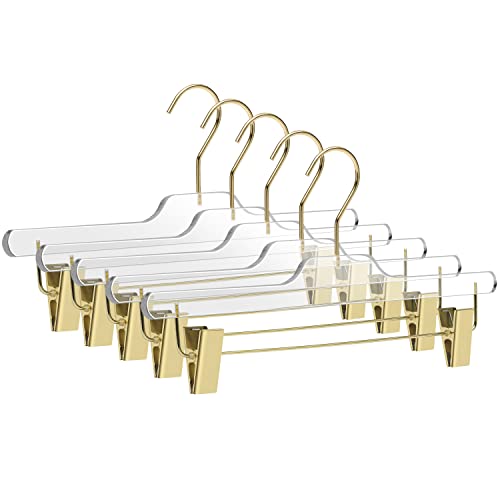 Quality Lucite Acrylic Clear Skirt Pants Trousers Bottom Hangers with Adjustable Metal Clips, Made of Clear Acrylic for a Luxurious Look and Feel with Swivel Hook (Clear/Gold Hook - Pant/Skirt, 5)