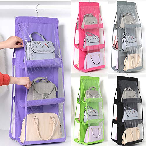 Mistshopy 6 Pocket Hanging Purse Handbag Tote Bag Organizer Storage Bag Foldable Closet Rack Bag Hanger (Purple)