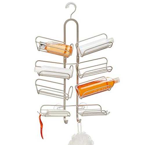 mDesign Hanging Metal Shower Caddy - Bottle Organizer Shelf with Hooks for Shower, Bath - Hanging Shower Caddy Rack for Shampoo, Conditioner - Shower Hanging Organizer - Concerto Collection - Satin