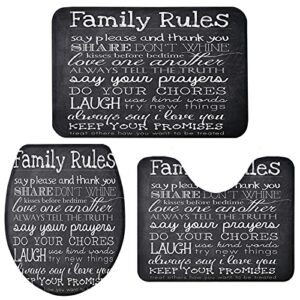 apular fashion 3 piece bath rugs set family rules black white non slip ultra soft bathroom accessories mats, u shape mat and toilet lid cover mat bath mats