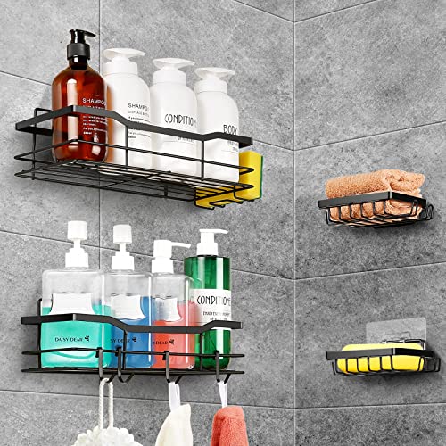 Adhesive Shower Caddy Shelf, 4 Pack No Drilling Wall Mounted Shower Organizer with 4 Hooks and 2 Soap Holders for Bathroom Washroom Inside Shower, Stainless Steel Rustproof Shower Rack for Kitchen