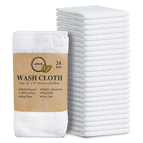 Softolle 100% Cotton Ring Spun Wash Cloths – Bulk Pack of Washcloths – 12x12 Inches – Wash Cloth for Face, Highly Absorbent, Soft and Face Towels (White, 24 Pack)