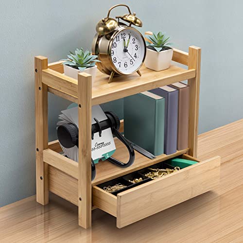 Sorbus 2-Tier Bamboo Countertop Shelf with Hidden Drawer - Makeup Organizer - Multi-Purpose Storage for Skincare, Toiletries, Desktop - Display Stand Shelf for Bathroom Vanity Counter, Kitchen, Office