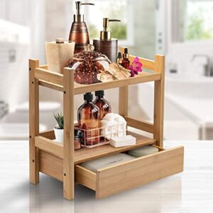 Sorbus 2-Tier Bamboo Countertop Shelf with Hidden Drawer - Makeup Organizer - Multi-Purpose Storage for Skincare, Toiletries, Desktop - Display Stand Shelf for Bathroom Vanity Counter, Kitchen, Office