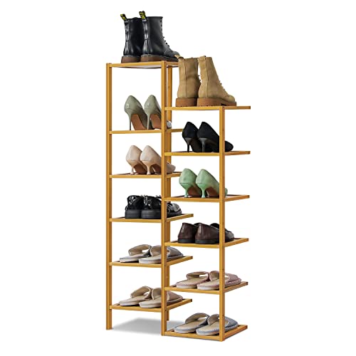 MoNiBloom 12 Tier Shoe Rack for Entryway, Bamboo Vertical Double Row Shoe Storage Space Saving Shoe Organizer for Small Spaces Corner Bedroom, Natural