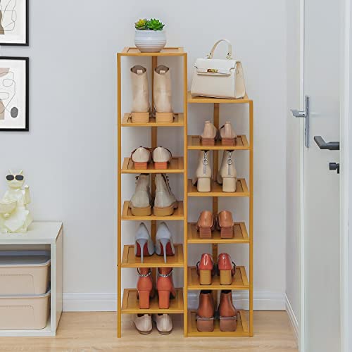 MoNiBloom 12 Tier Shoe Rack for Entryway, Bamboo Vertical Double Row Shoe Storage Space Saving Shoe Organizer for Small Spaces Corner Bedroom, Natural