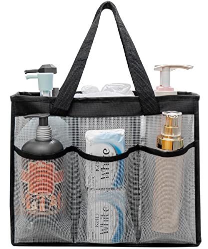 Jelier Mesh Shower Tote Caddy with separated main compartment,Portable Toiletry Bag for Bathroom College Dorm Gym Camping (black)