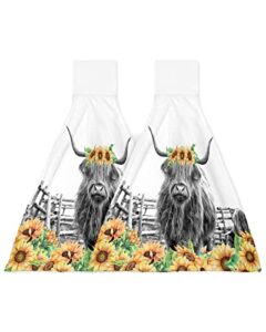 2pcs hand tie towels for bathroom kitchen-farm highland cow sunflowers decor hanging towel tea bar dish cloth soft coral fleece absorbent washcloth,black white animals