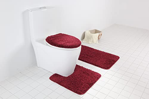 Daniel's Bath 3 PC Brick 3 Piece Bath Set with 20'' x 31'' Bath Mat, 20'' x 20'' Contour Mat & 18'' x 18.5'' Lid, Burgundy