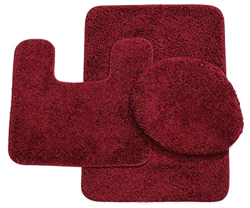 Daniel's Bath 3 PC Brick 3 Piece Bath Set with 20'' x 31'' Bath Mat, 20'' x 20'' Contour Mat & 18'' x 18.5'' Lid, Burgundy