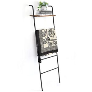 blanket ladder wall leaning blanket rack farmhouse 5-tier metal blanket holder with shelf bath towel storage for bathroom quilt bedroom living room pool black