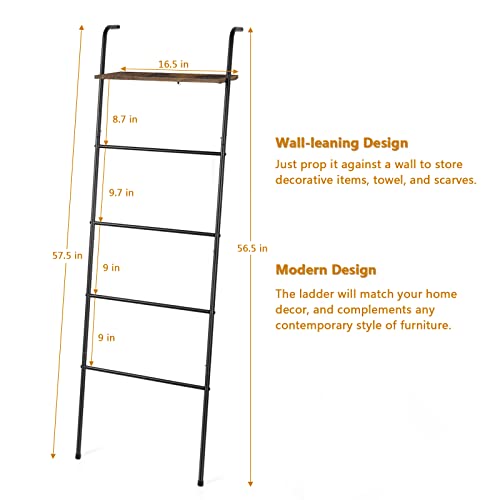 Blanket Ladder Wall Leaning Blanket Rack Farmhouse 5-Tier Metal Blanket Holder with Shelf Bath Towel Storage for Bathroom Quilt Bedroom Living Room Pool Black