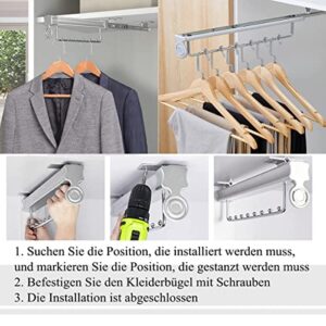 Heavy duty Pull-Out Retractable Wardrobe valet Rod Storage Rack Hanger Extender,Top Mount Hanging Telescopic Rail Wardrobe Clothes Clothes Rail (Size:14" Monorail silver 6 Beads) 2 Pieces