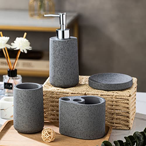 Artchirly 4 Piece Bath Accessory Set for Vanity Countertops,Grey Stone Color/Cement Grey Color Concrete,Made of Cement Luxury Ensemble Dish,Lotion Dispenser,Soap Dish,Tooth Mug,and Toothbrush Holder