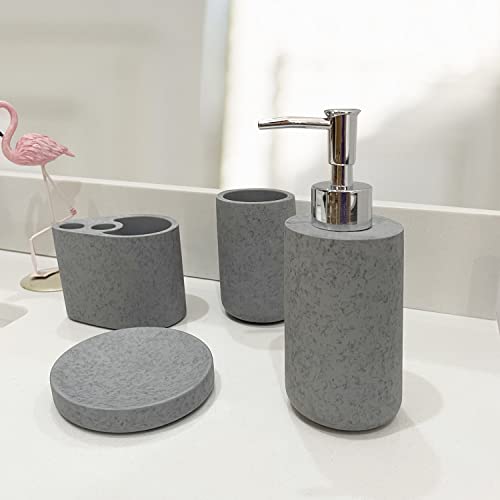 Artchirly 4 Piece Bath Accessory Set for Vanity Countertops,Grey Stone Color/Cement Grey Color Concrete,Made of Cement Luxury Ensemble Dish,Lotion Dispenser,Soap Dish,Tooth Mug,and Toothbrush Holder