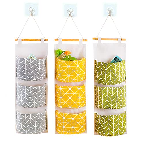 LANNEAS Wall Hanging Storage Bag with 3 Pockets,Over The Door Organizer Waterproof Linen,Sturdy Hanging Storage Pouches 3packs