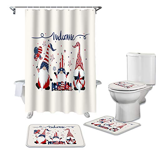 Independence Day Bathroom Sets with Shower Curtains, 4 PCS Shower Curtain Sets with Anti-Skid U-Shaped Contour Rugs Toilet Lid Cover and Cozy Bath Mat Happy Gnomes and Celebrating Fireworks