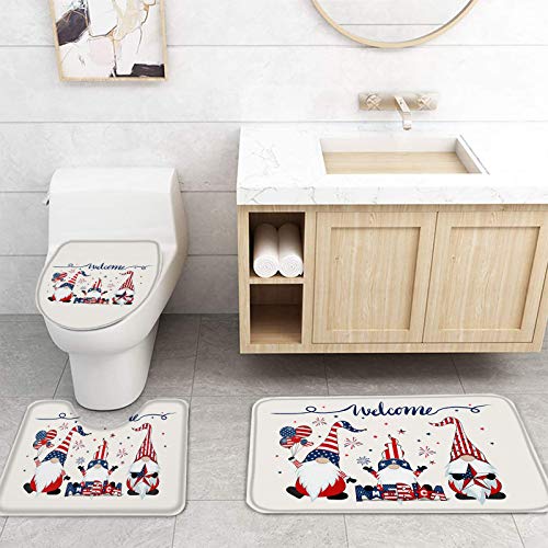 Independence Day Bathroom Sets with Shower Curtains, 4 PCS Shower Curtain Sets with Anti-Skid U-Shaped Contour Rugs Toilet Lid Cover and Cozy Bath Mat Happy Gnomes and Celebrating Fireworks