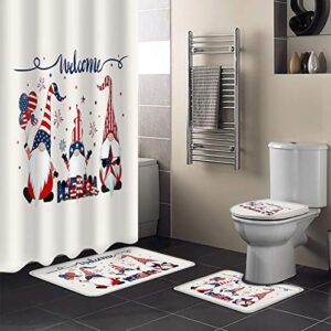 Independence Day Bathroom Sets with Shower Curtains, 4 PCS Shower Curtain Sets with Anti-Skid U-Shaped Contour Rugs Toilet Lid Cover and Cozy Bath Mat Happy Gnomes and Celebrating Fireworks