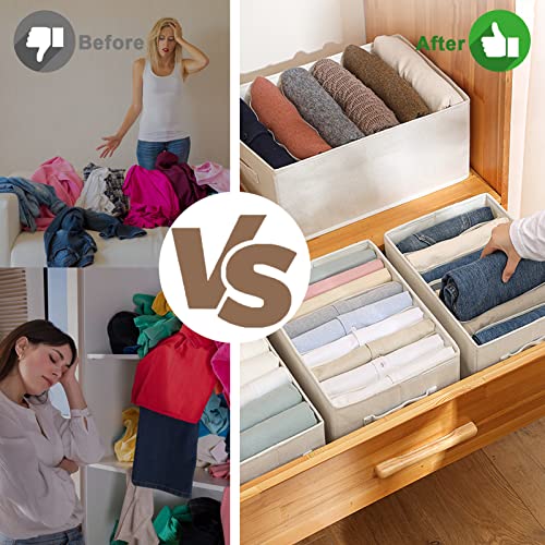 2 Pack Wardrobe Clothes Organizer, Large 6 Grids with Support Board, Foldable Cotton Linen Closet Organizers and Storage| Washable Clothes Drawer Separation Box for Jeans Sweater T-shirt Legging Pants