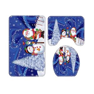 anti slip bath mats for bathroom, santa claus snowman tree christmas bath mat set of 3 bathroom rugs/contour mat/toilet cover, polyester pvc bathroom rugs set for christmas decorations (dark blue)