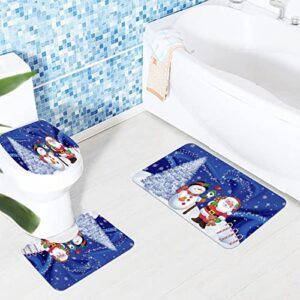 Anti Slip Bath Mats for Bathroom, Santa claus Snowman Tree Christmas Bath Mat Set of 3 Bathroom Rugs/Contour Mat/Toilet Cover, Polyester PVC Bathroom Rugs Set for Christmas Decorations (Dark blue)