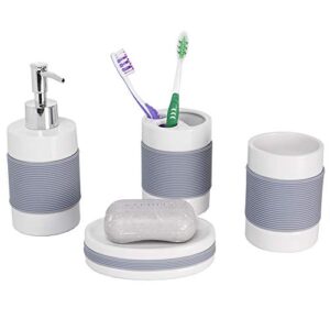 home basics 4 piece bath accessory set with rubber grip, featuring soap dish, toothbrush holder, tumbler, soap dispenser, white