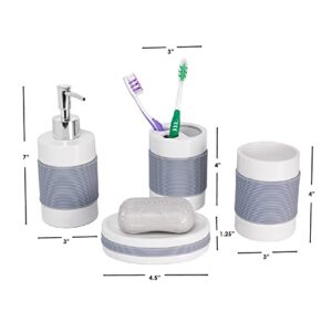 Home Basics 4 Piece Bath Accessory Set with Rubber Grip, Featuring Soap Dish, Toothbrush Holder, Tumbler, Soap Dispenser, White