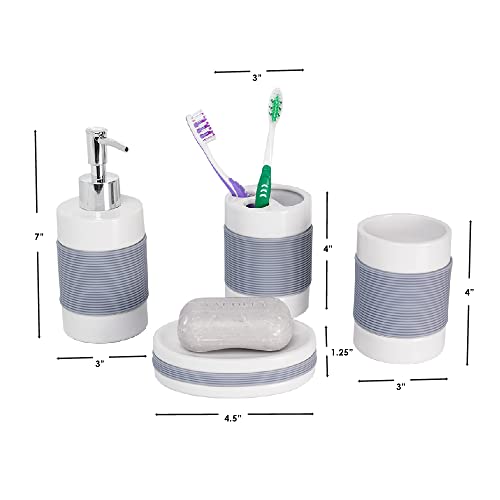 Home Basics 4 Piece Bath Accessory Set with Rubber Grip, Featuring Soap Dish, Toothbrush Holder, Tumbler, Soap Dispenser, White