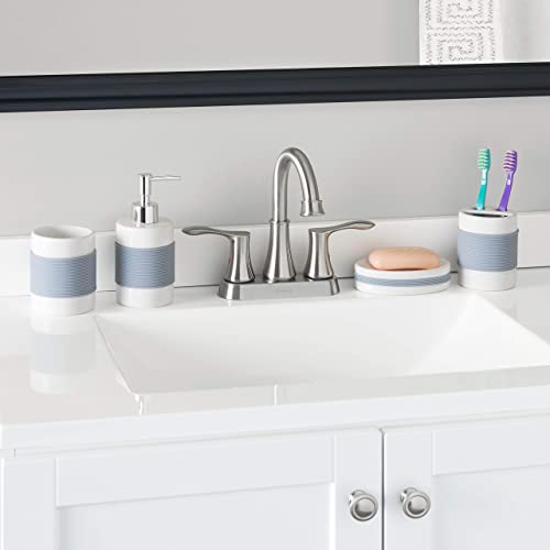 Home Basics 4 Piece Bath Accessory Set with Rubber Grip, Featuring Soap Dish, Toothbrush Holder, Tumbler, Soap Dispenser, White