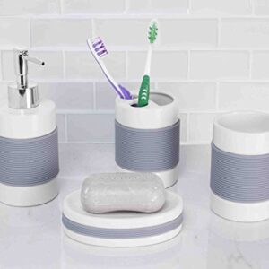 Home Basics 4 Piece Bath Accessory Set with Rubber Grip, Featuring Soap Dish, Toothbrush Holder, Tumbler, Soap Dispenser, White